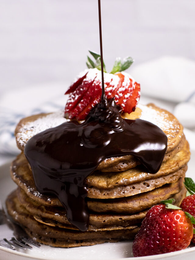 Decadent Chocolate Pancakes with Homemade Caramel Sauce - The Gracious Wife